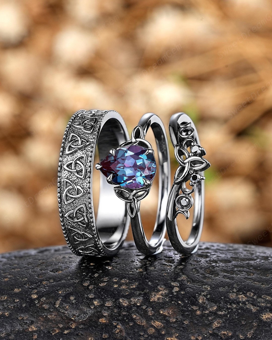 Gothic Celtic Knot Couple Rings Set Black Gold Alexandrite His and Hers ...