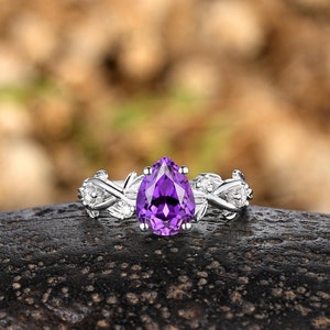 Pear Shaped Purple Sapphire Engagement Ring Set, 14k White Gold Leaf ...