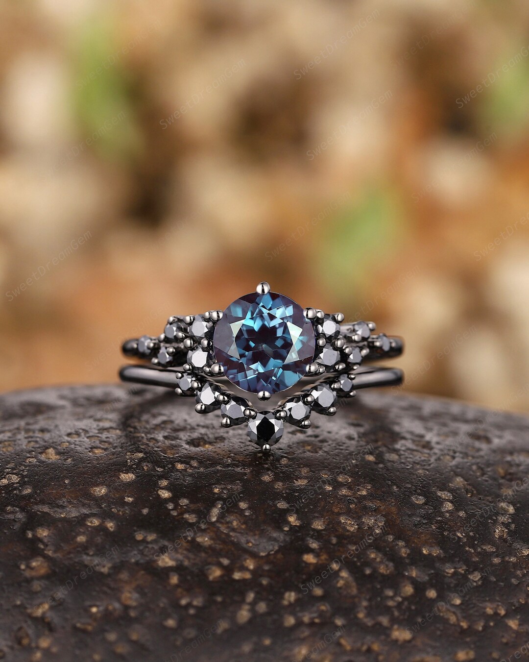 Vintage Round Alexandrite Black Engagement Ring Set, Black Moissanite ...