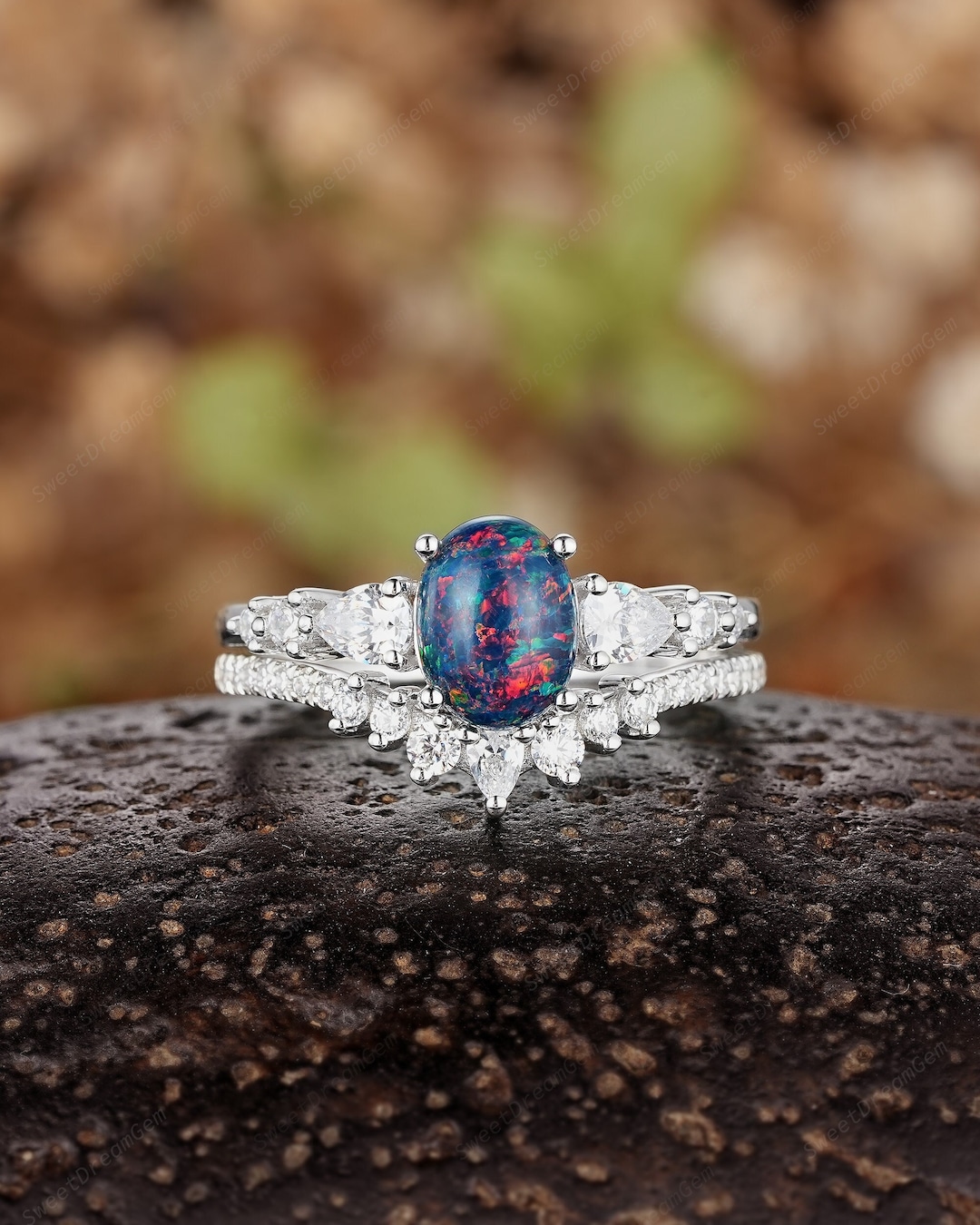 Oval Black Opal Wedding Ring Set 14k Gold Fire Opal Engagement Ring Vintage Curved Diamond ...