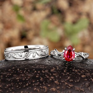 His and Hers Ruby Couple Ring Set, Plain Engagement Band, Twig Branch ...