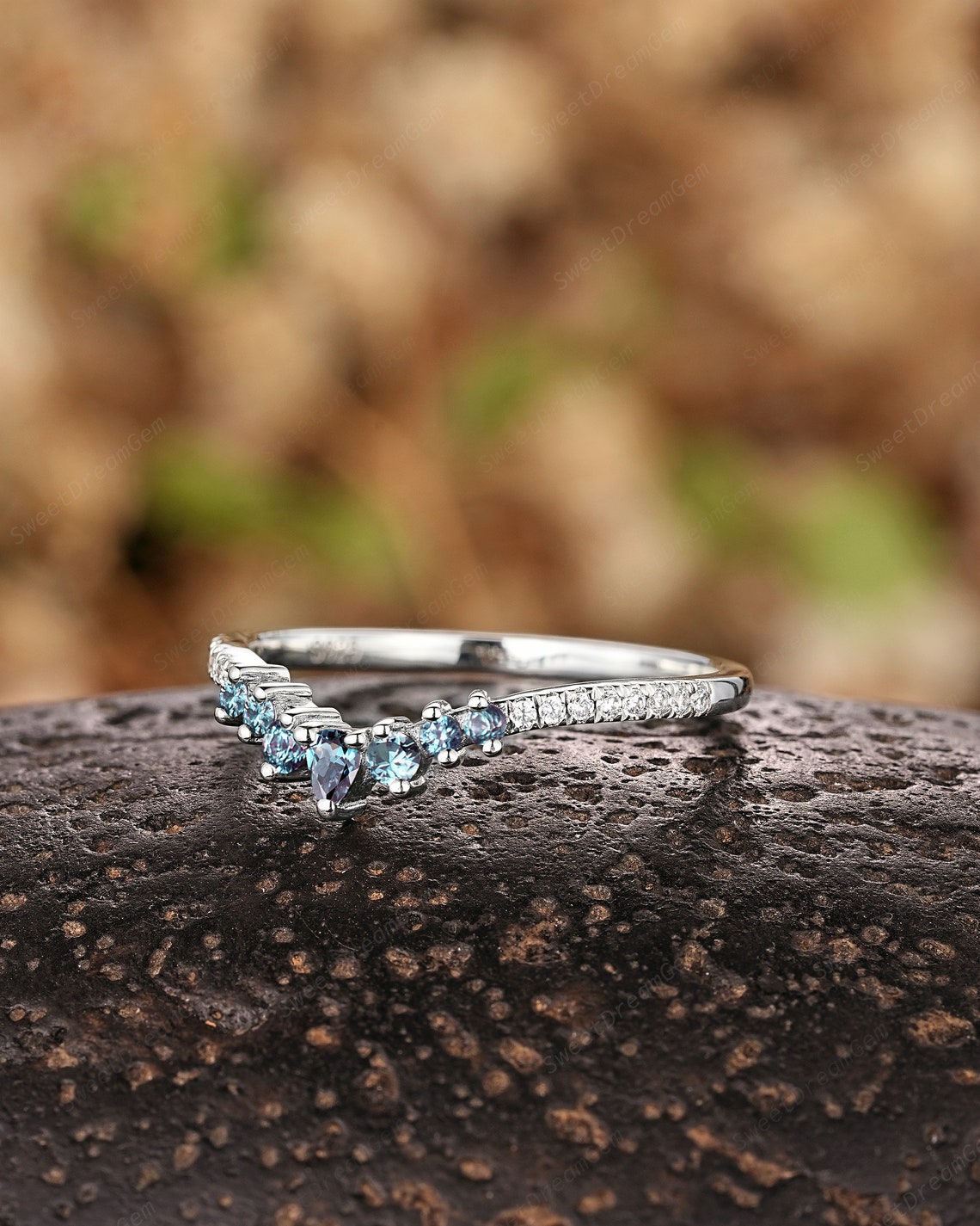 Vintage Alexandrite Curved Wedding Band, Halfy Eternity Round ...