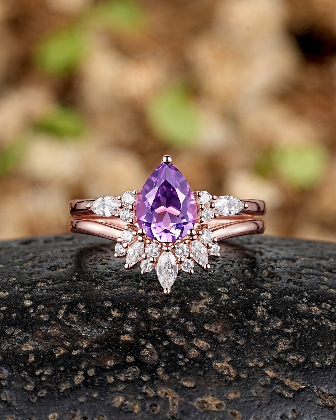 Pear Shaped Amethyst Engagement Ring Bridal Set, Vintage Moissanite ...