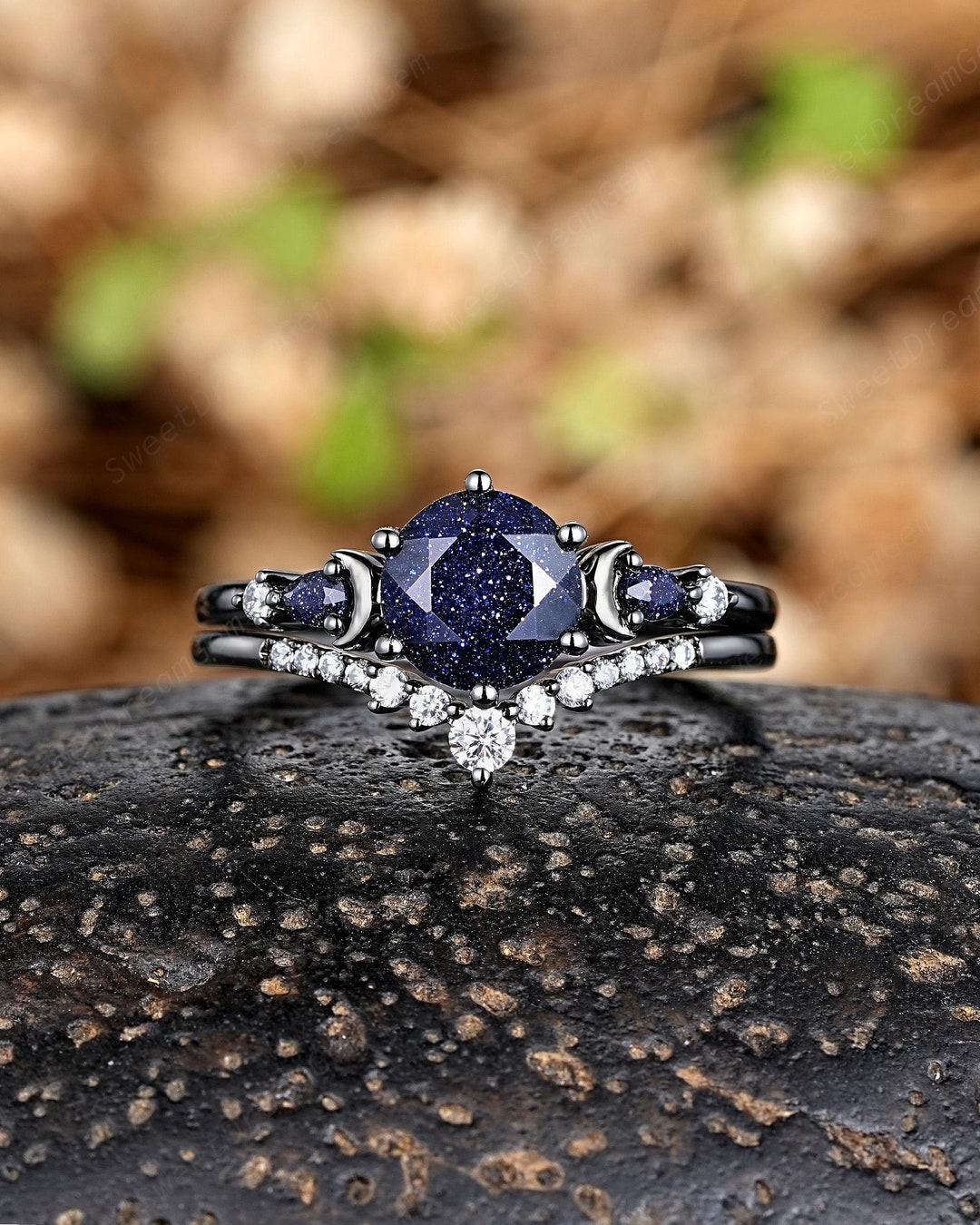 Round Galaxy Blue Sandstone Engagement Ring Vintage Sailor Moon ...