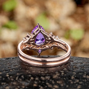 Pear Shaped Purple Sapphire Engagement Ring Set, Leaf Nature Inspired ...