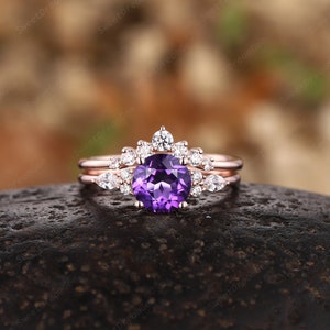 Vintage Round Cut Amethyst Bridal Set, Unique Amethyst Engagement Ring ...