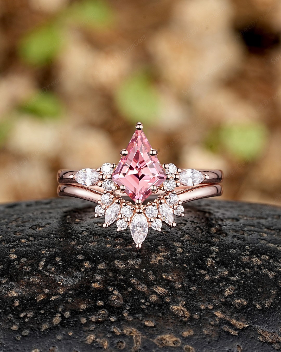 Kite Cut Pink Sapphire Engagement Rings Set, Vintage Cluster Marquise ...
