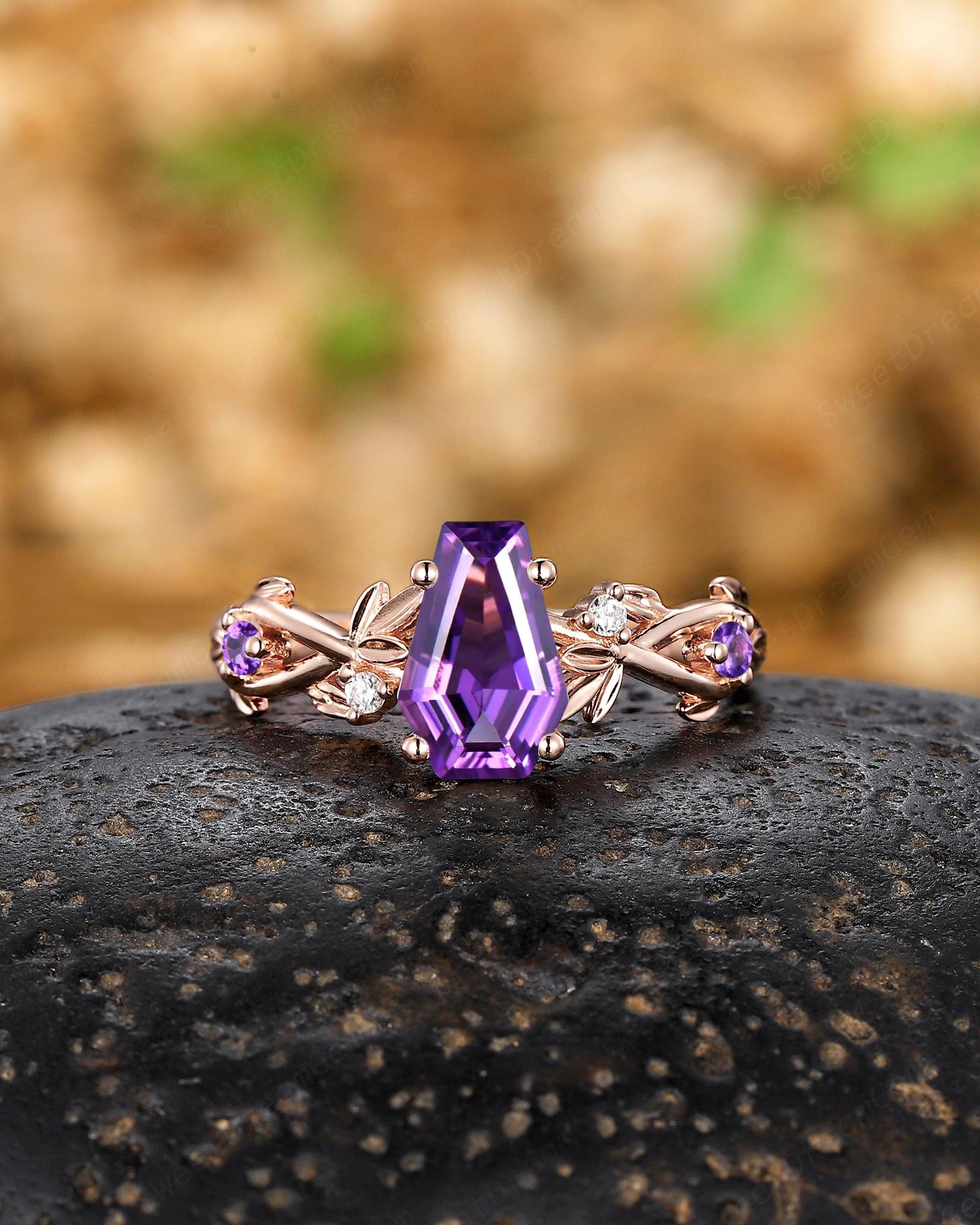 Coffin Cut Amethyst Engagement Rings Leaf Branch Nature Inspired ...