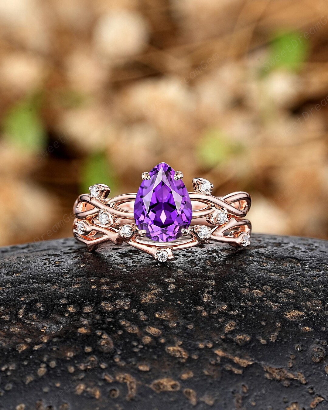 Vintage Purple Sapphire Engagement Ring Set, Custom Leaf Twig Nature ...