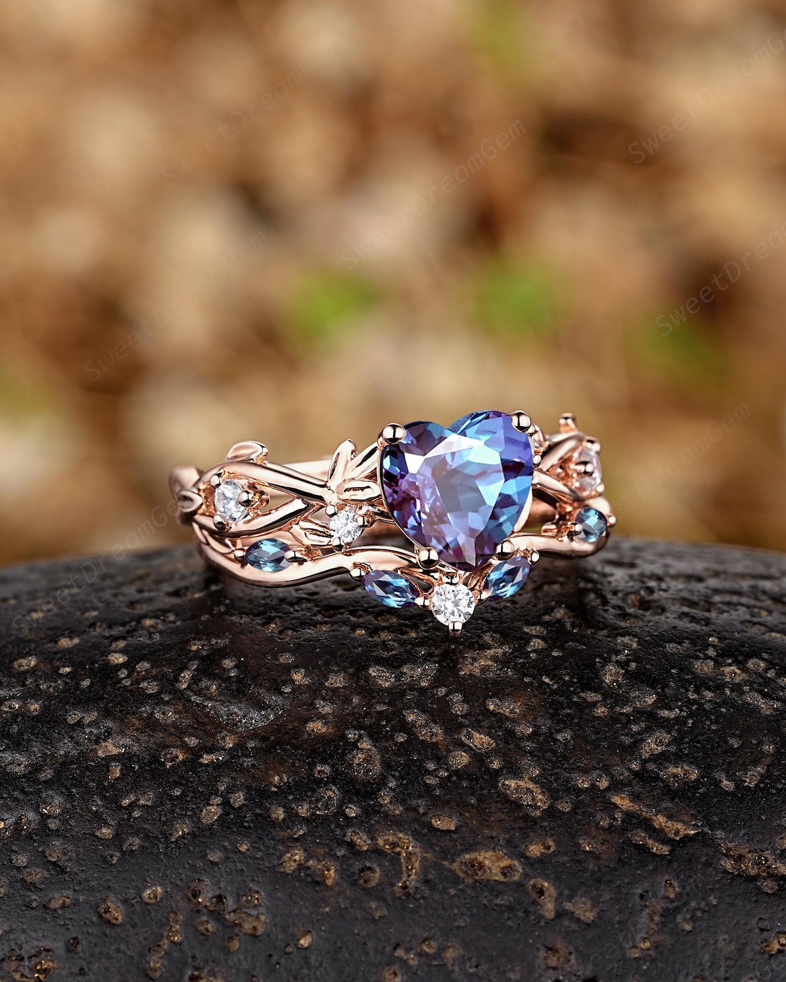 Heart Cut Alexandrite Engagement Ring Set 14k Gold Leaf Nature Inspired ...