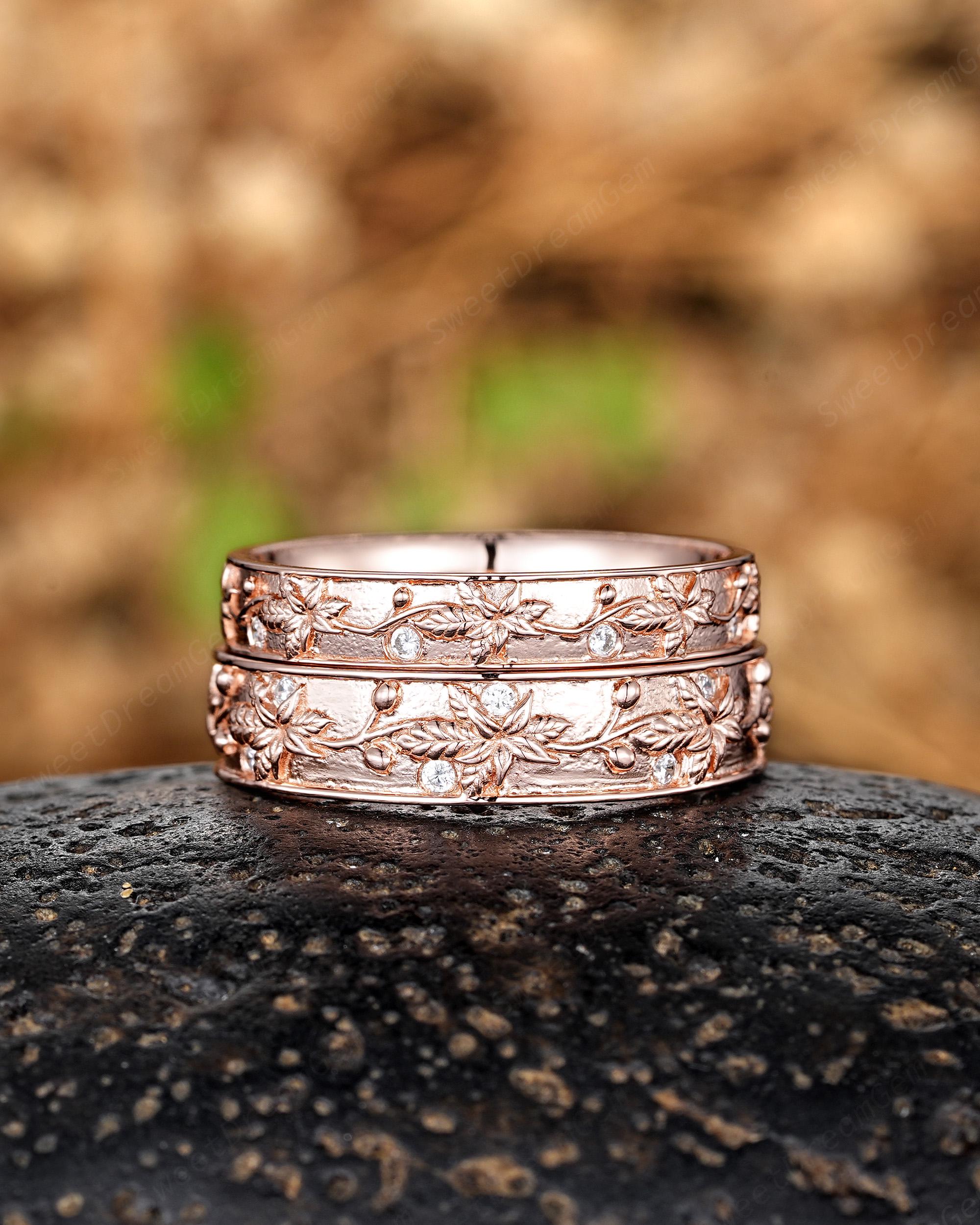Yellow Gold Coffee Flower Couple Ring Set Custom Leaf Branch ...