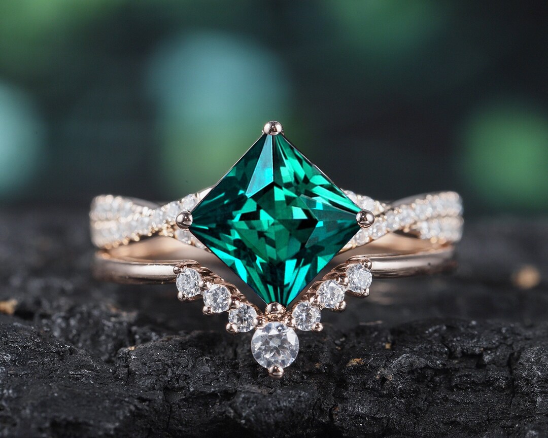 Vintage Princess Cut Emerald Bridal Set, Emerald Engagement Ring Set ...