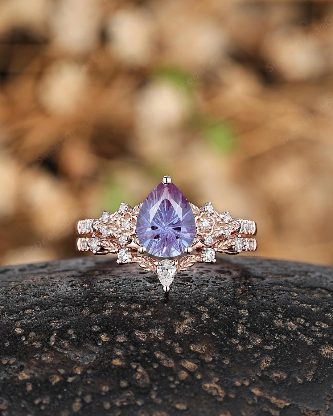 Pear Fireworks Cut Alexandrite Engagement Ring Set Vintage Nature ...