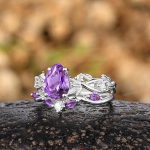 Pear Shaped Purple Sapphire Engagement Ring Set, 14k White Gold Leaf ...