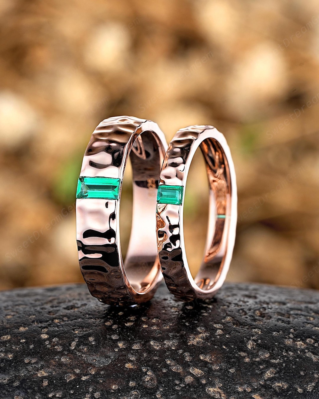 Antique Baguette Emerald Couple Ring Set 14k Gold His and Hers Wedding ...
