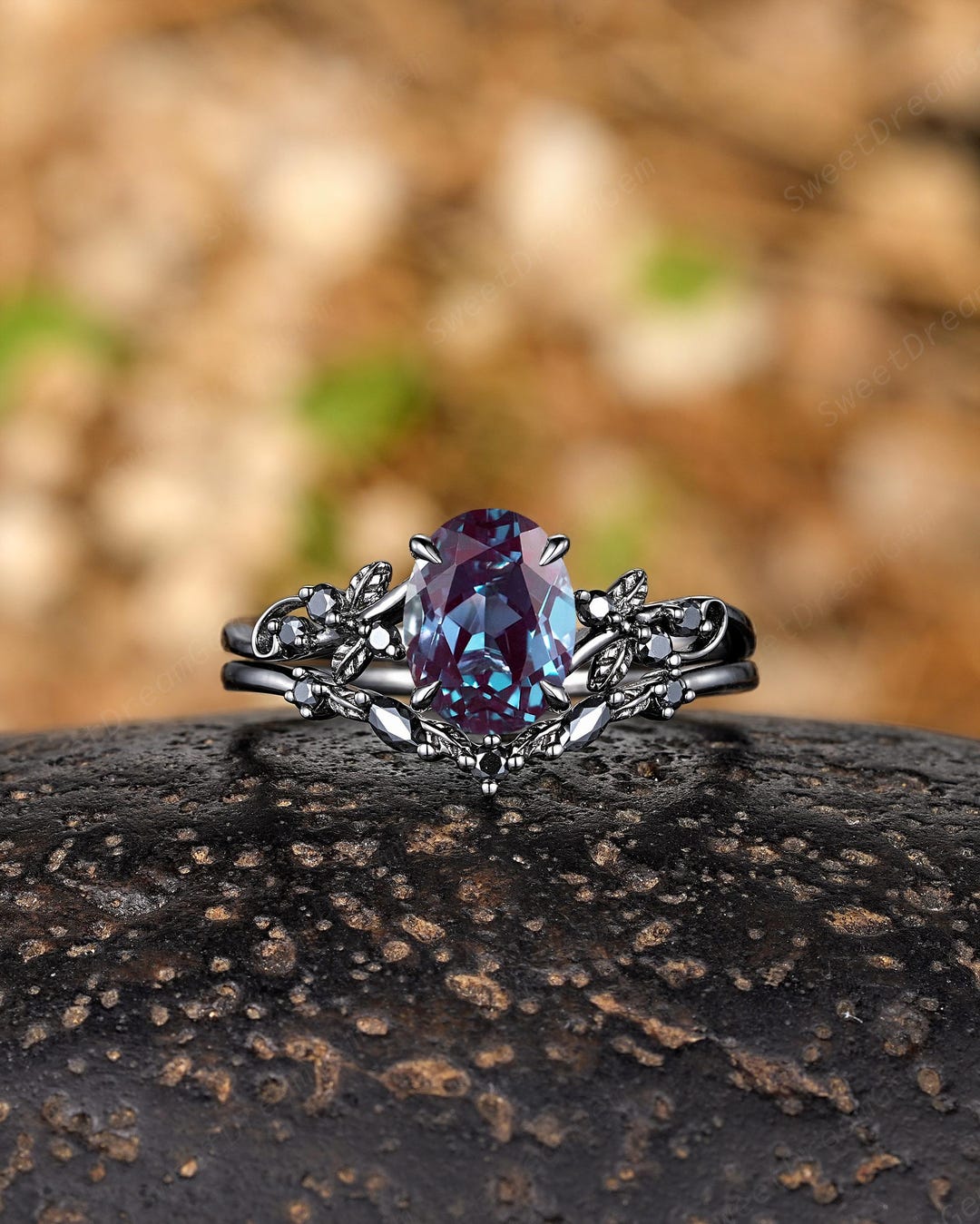 6x8mm Oval Alexandrite Engagement Ring Set Nature Inspired Leaf Floral ...