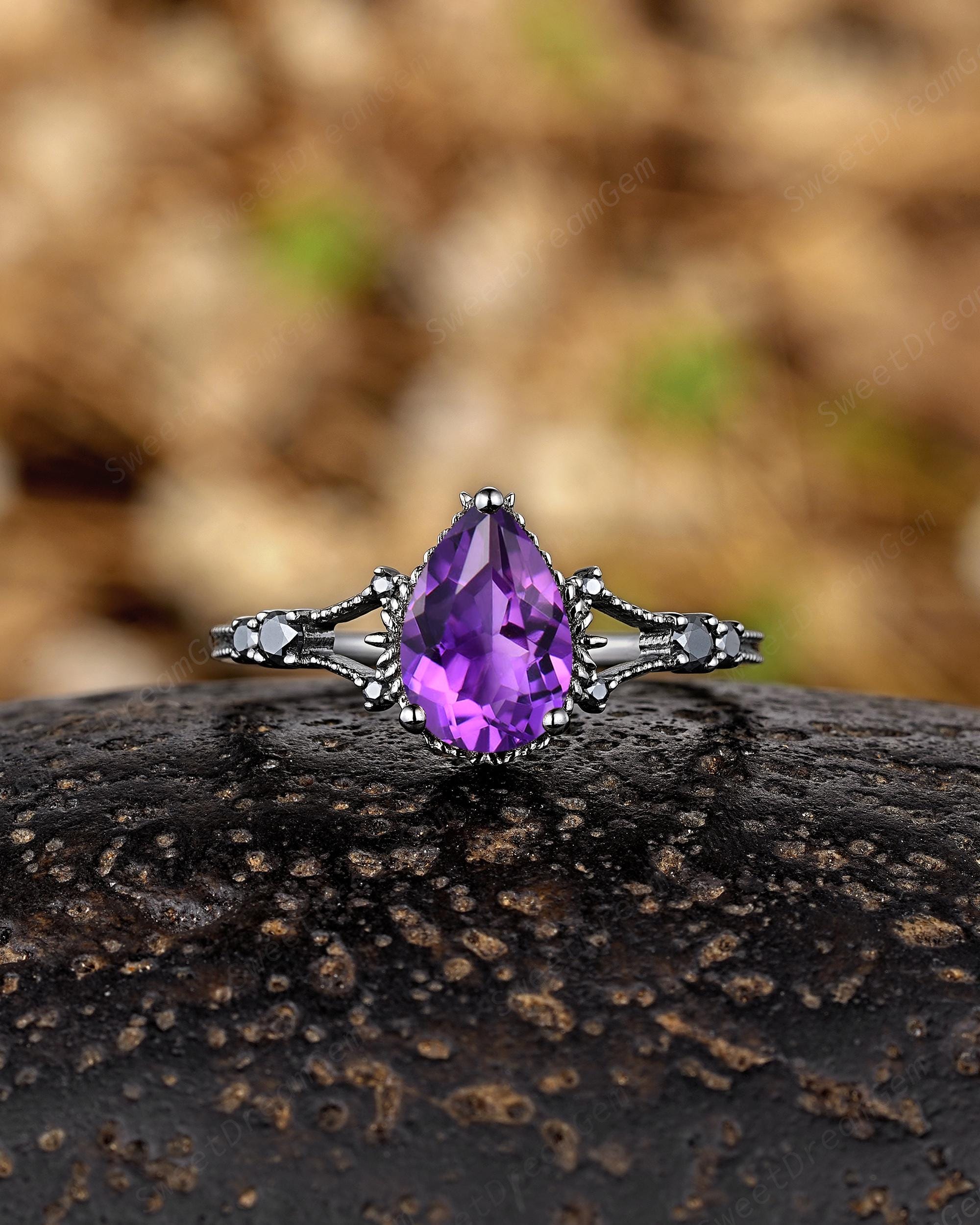 Pear Shaped Amethyst Engagement Ring Set 3pcs Black Gold Milgrain Split ...