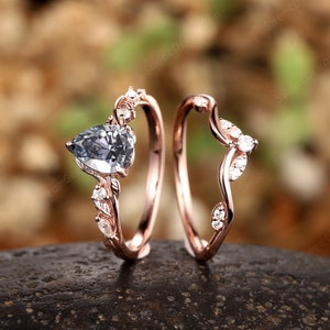 Vintage Pear Shape Gray Moissanite Engagement Ring Set, Vintage Leaf ...