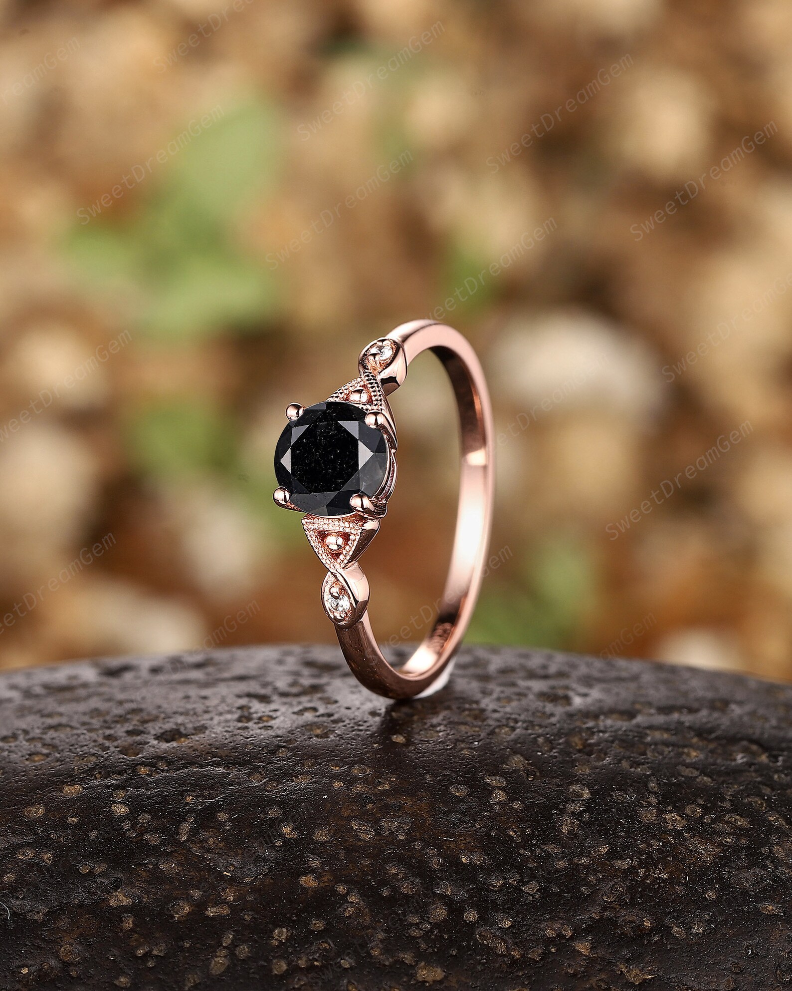 1 CT Roung Shape Natural Black Diamond Engagement Ring, Unique Infinity ...