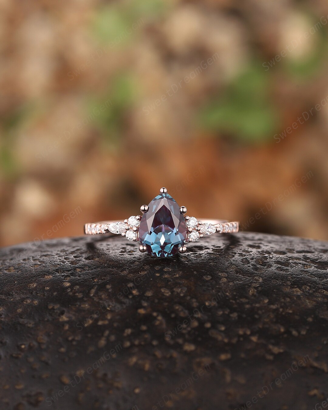 Vintage Pear Alexandrite Engagement Ring, 14K Rose Gold Half Eternity ...