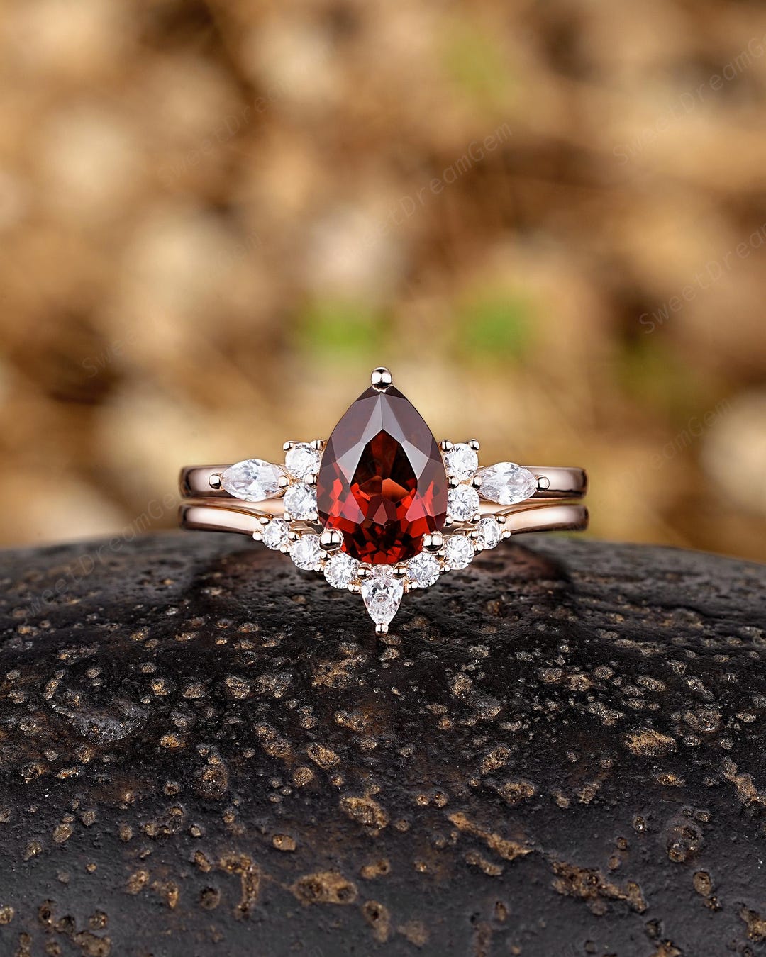 Pear Cut Garnet Engagement Rings Set Vintage Moissanite Cluster Promise ...