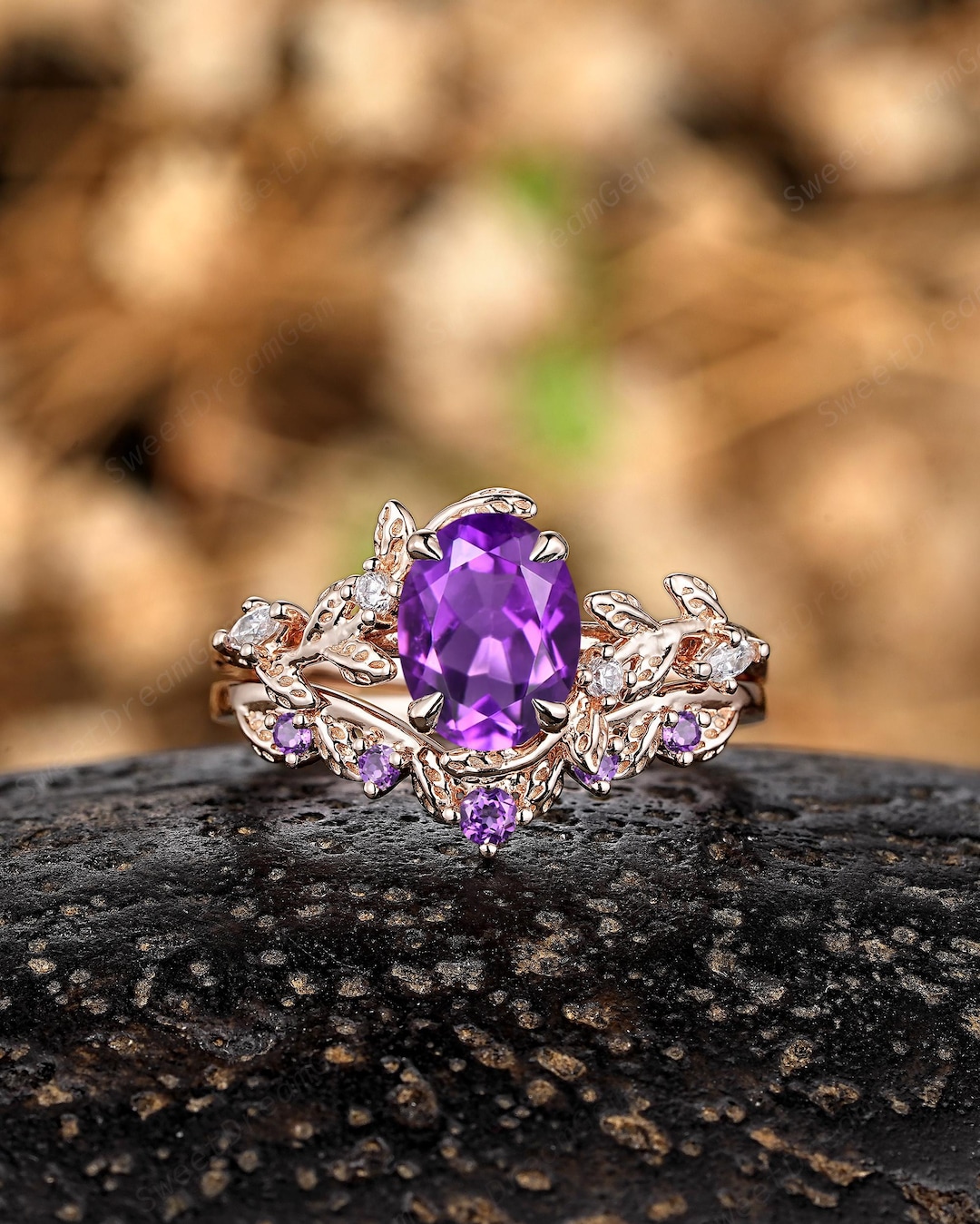 Vintage Oval Amethyst Engagement Ring Set 14k Gold Leaf Floral Amethyst ...