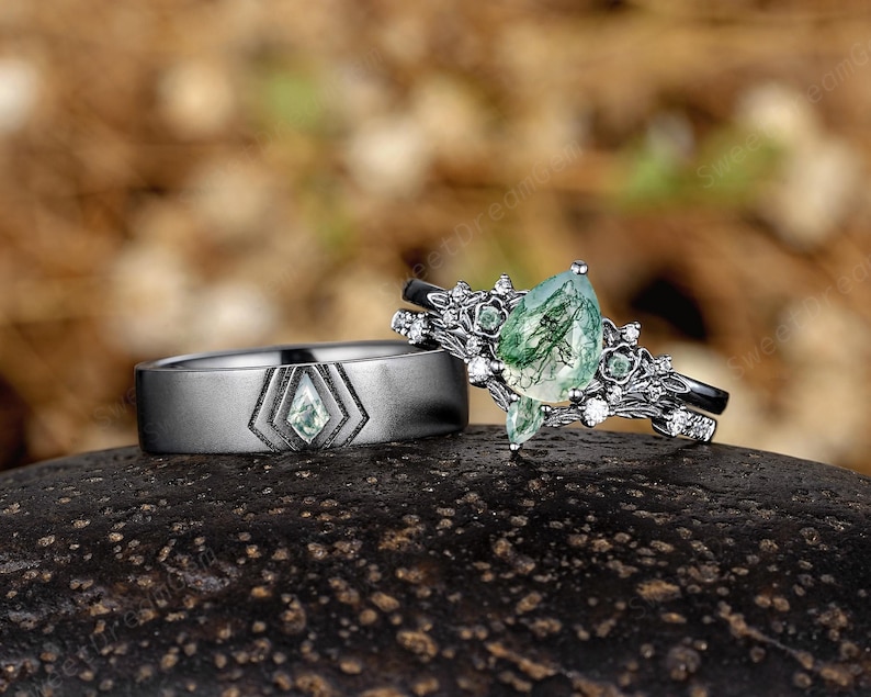 Nature Moss Agate Couple Rings Custom Black Gold Anniversary Rings for ...