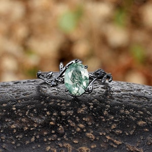 Nature Moss Agate Engagement Ring Set Black Gold Nature Inspired Leaf ...