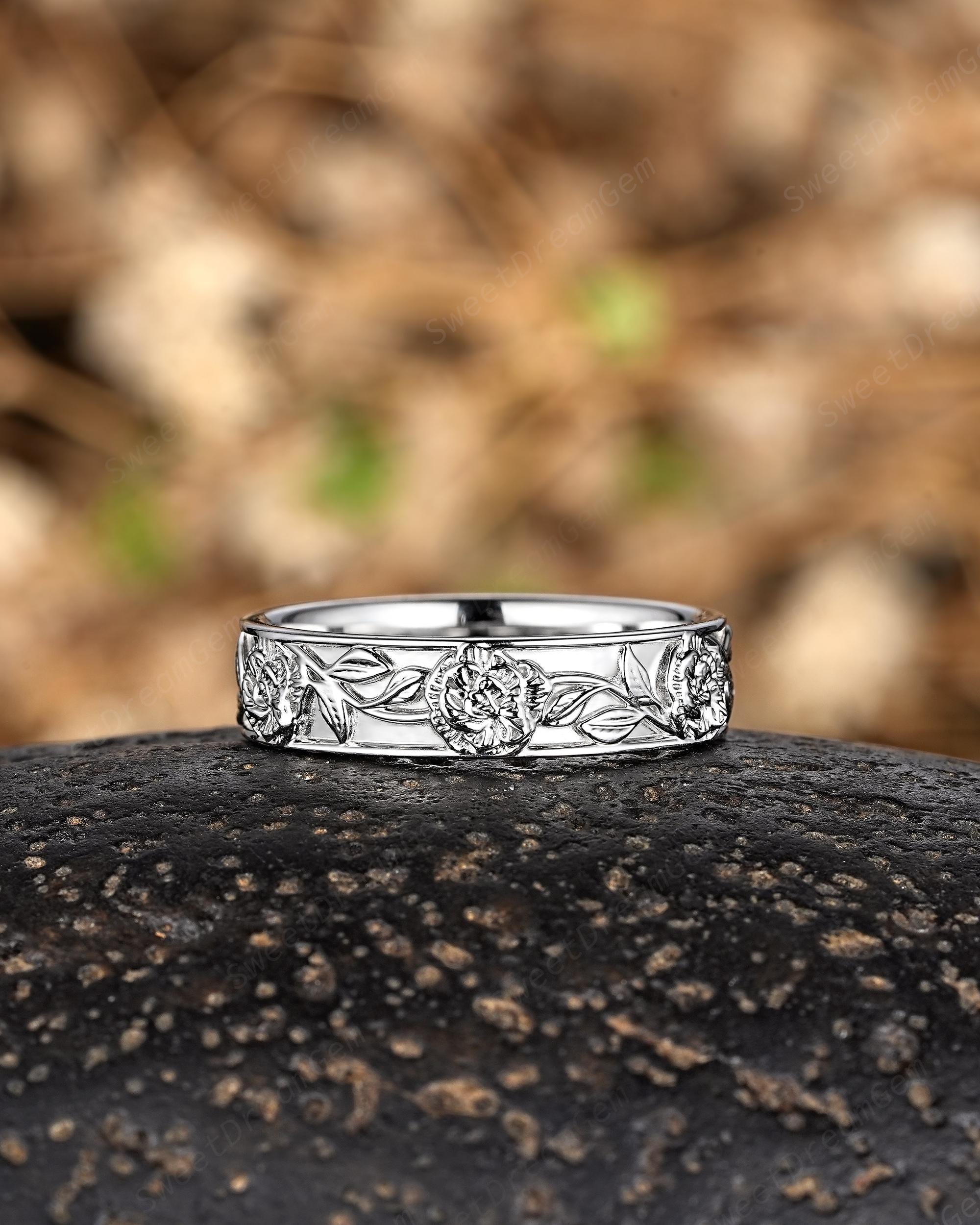 14k White Gold Carnation Couple Rings Set Vintage Leaf Floral His and ...