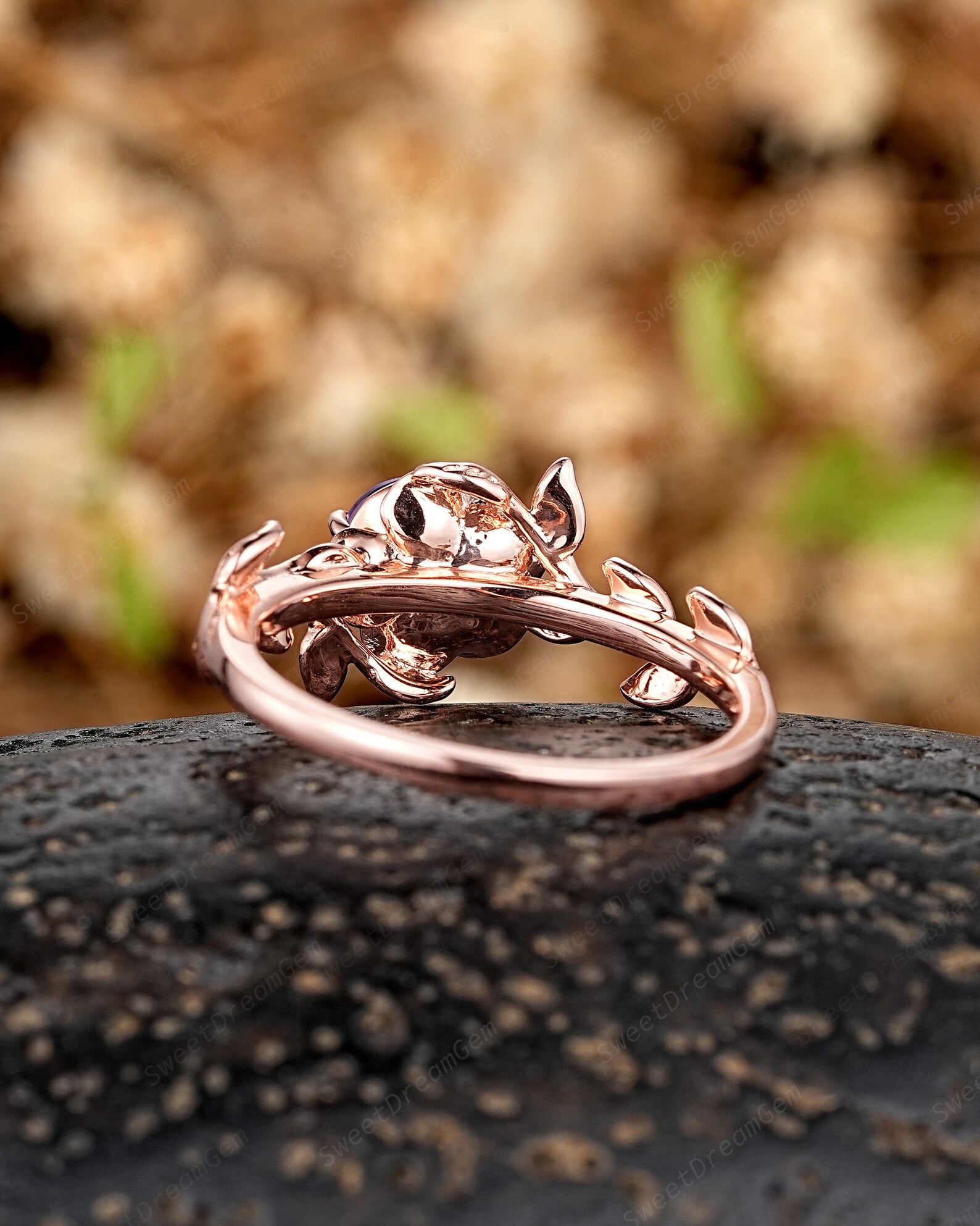 Round Amethyst Rose Flower Engagement Ring, Art Deco June Birth Flower ...