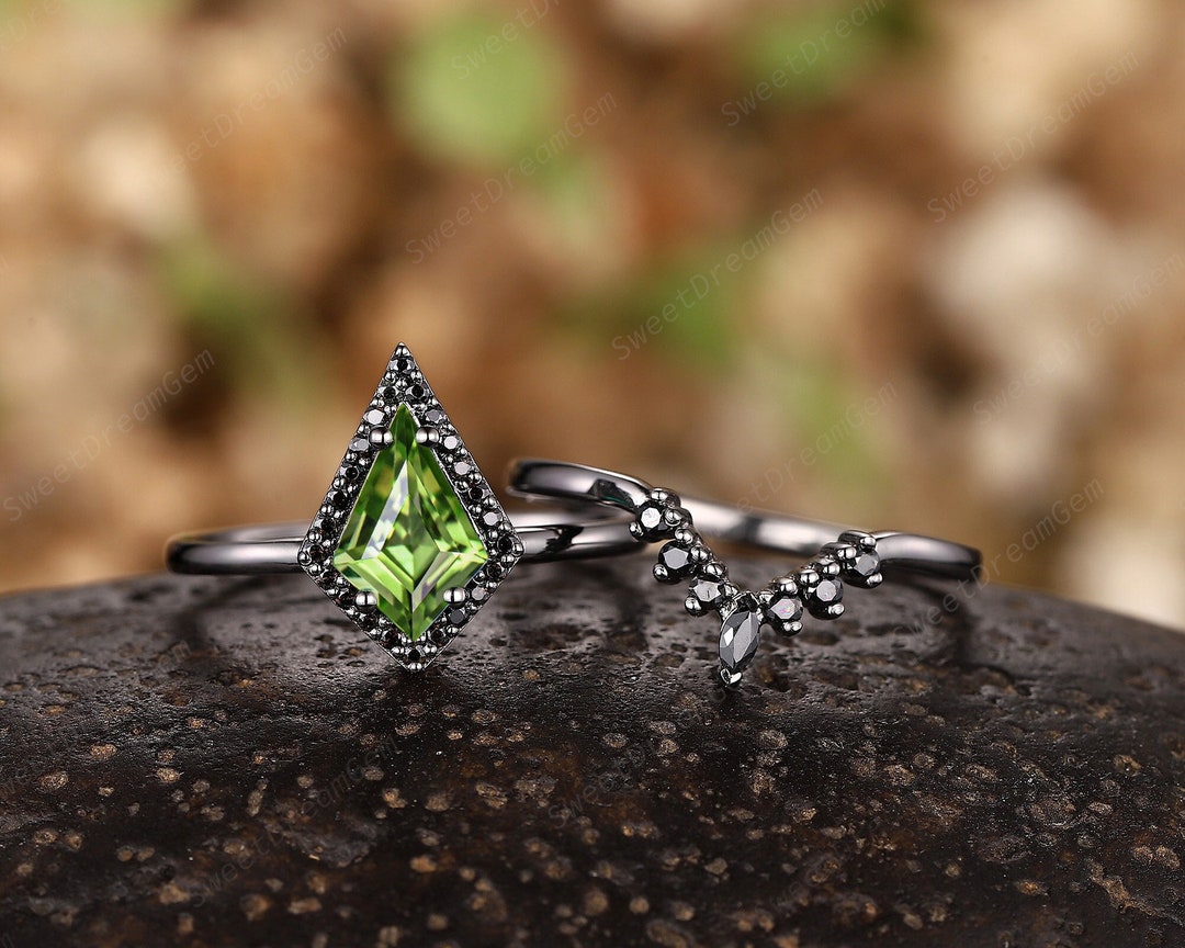 Gothic Kite Cut Peridot Black Engagement Ring Set, Unique Rhodium Black ...