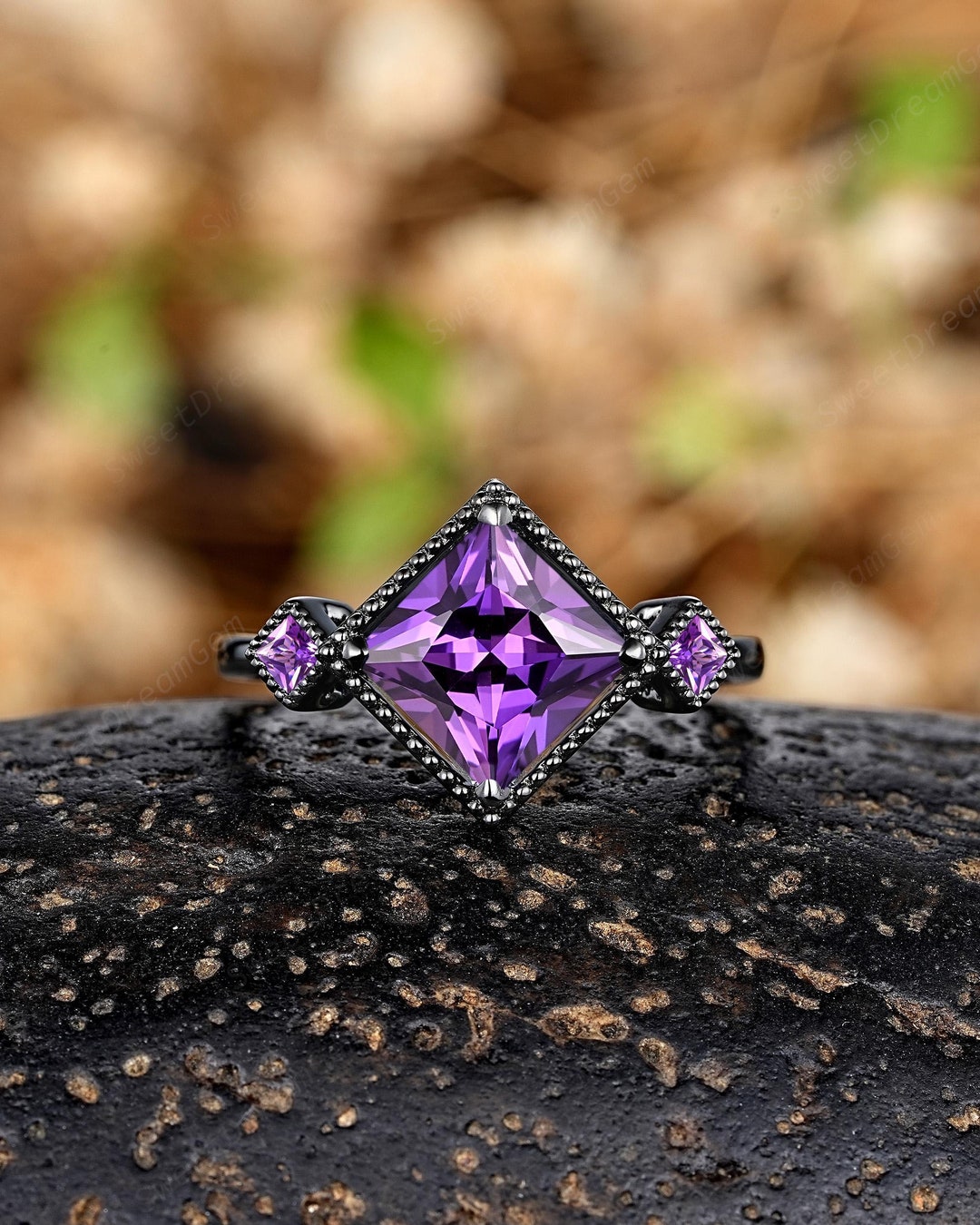 Princess Cut Purple Sapphire Engagement Ring Black Gold Milgrain Violet ...