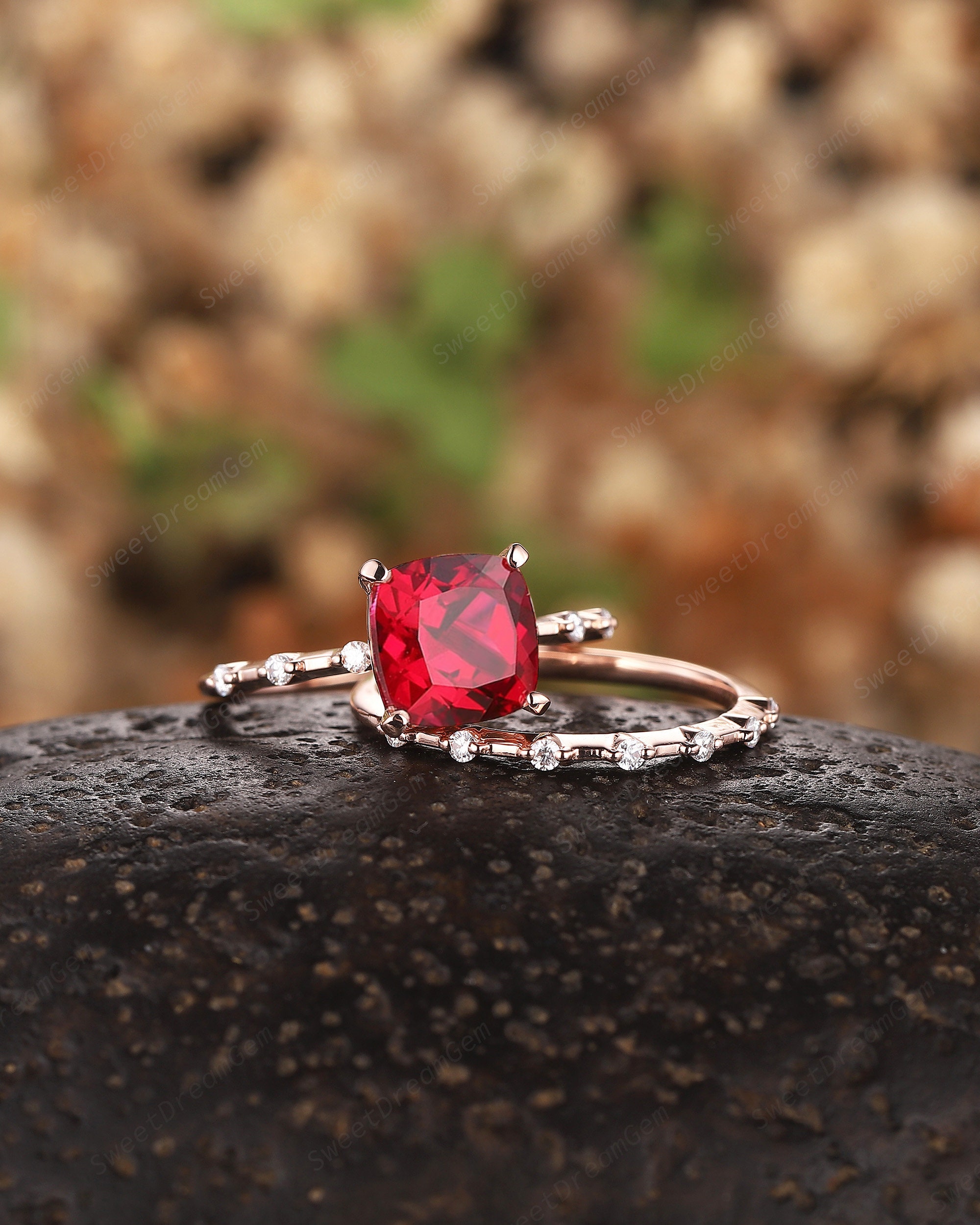 Vintage Cushion Cut Ruby Bridal Set Unique 14K Rose Gold Ruby ...