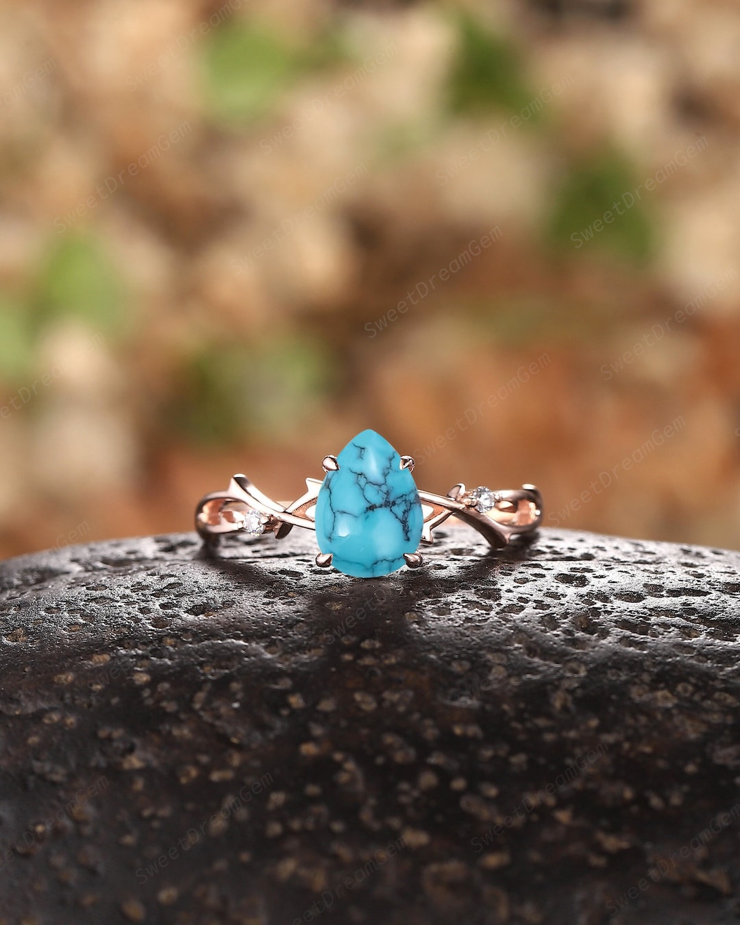 Antique Pear Turquoise Engagement Ring Vintage 14k Gold Twig Moissanite ...