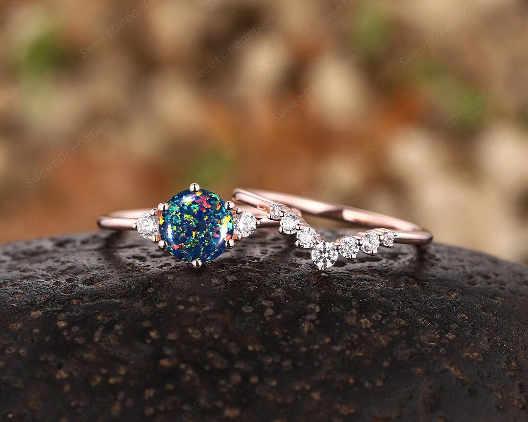 Vintage Round Shape Black Opal Engagement Ring Set, Rose Gold Fire Opal ...