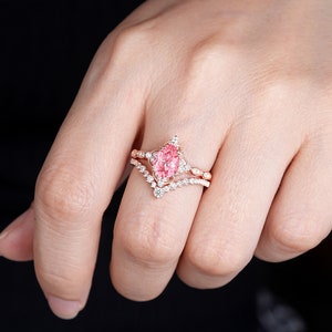 Pear Pink Sapphire Engagement Ring Set Vintage Moissanite Cluster Halo ...