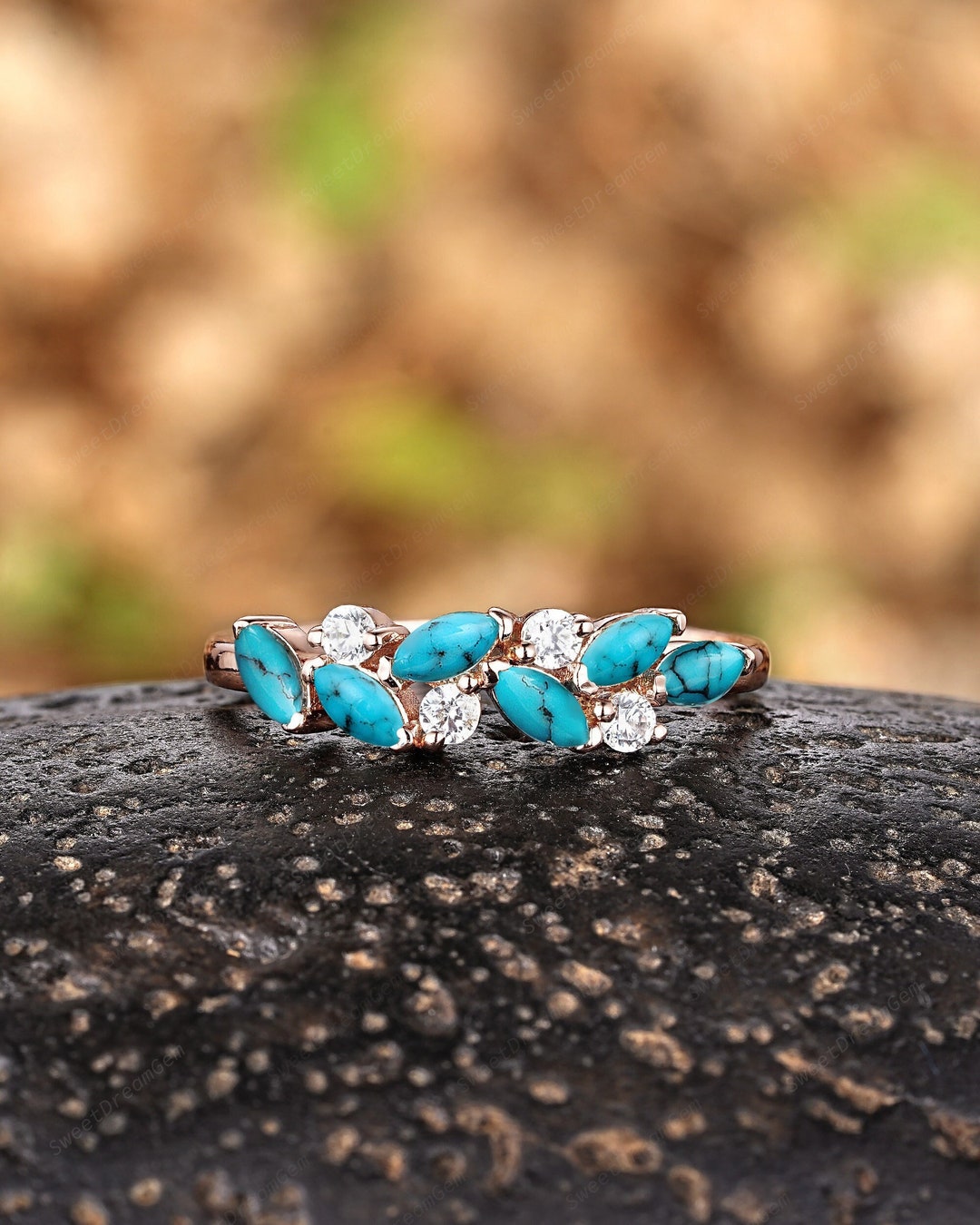 Antique Marquise Turquoise Wedding Band Moissanite Cluster Wedding ...