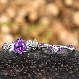 Pear Shaped Purple Sapphire Engagement Ring Set, 14k White Gold Leaf ...