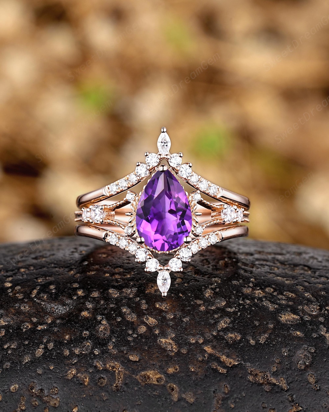 Pear Amethyst Engagement Rings Set 3pcs Amethyst Wedding Rings for ...
