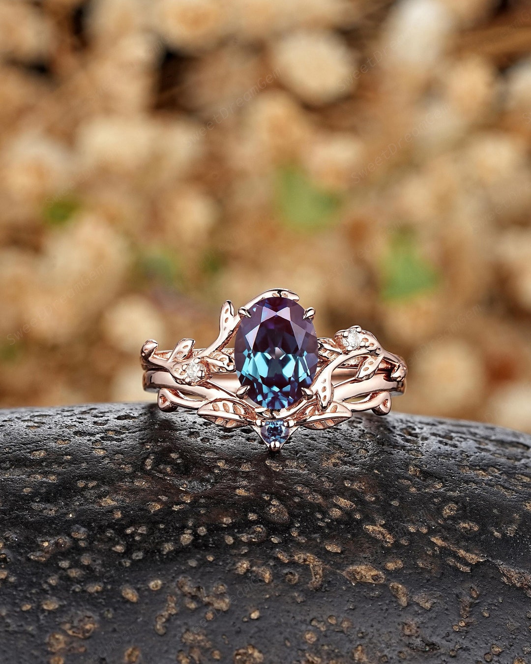 Dainty Oval Alexandrite Engagement Ring Set Vintage 14k Gold Nature ...