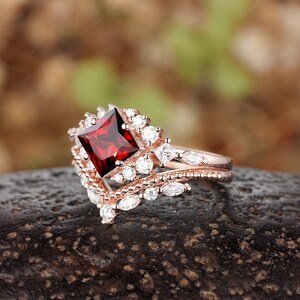Vintage Princess Cut Garnet Halo Engagement Ring, Unique Garnet Bridal ...