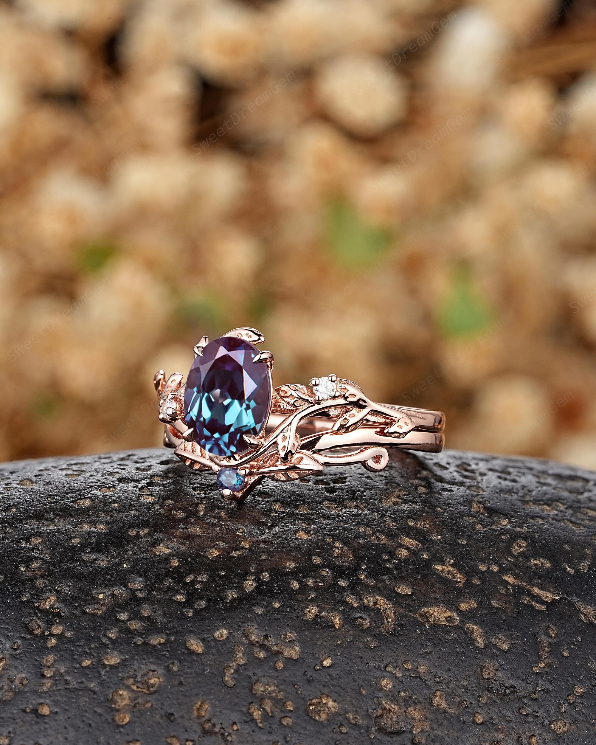 Dainty Oval Alexandrite Engagement Ring Set Vintage 14k Gold Nature ...