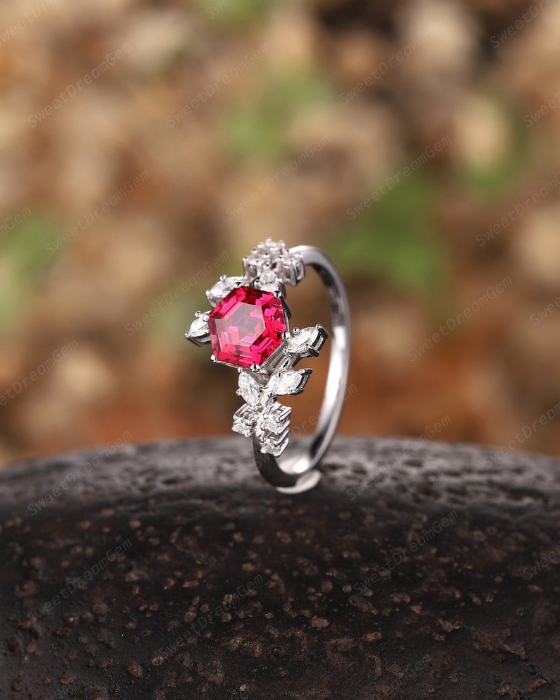 Vintage Hexagon Ruby Leaf Engagement Ring Unique 14K White - Etsy