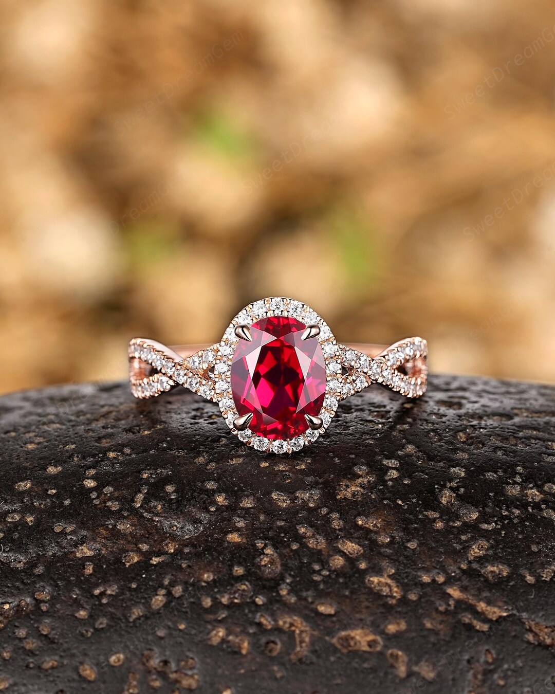 Oval Shape Ruby Engagement Ring Vintage Moissanite Halo Wedding Ring ...