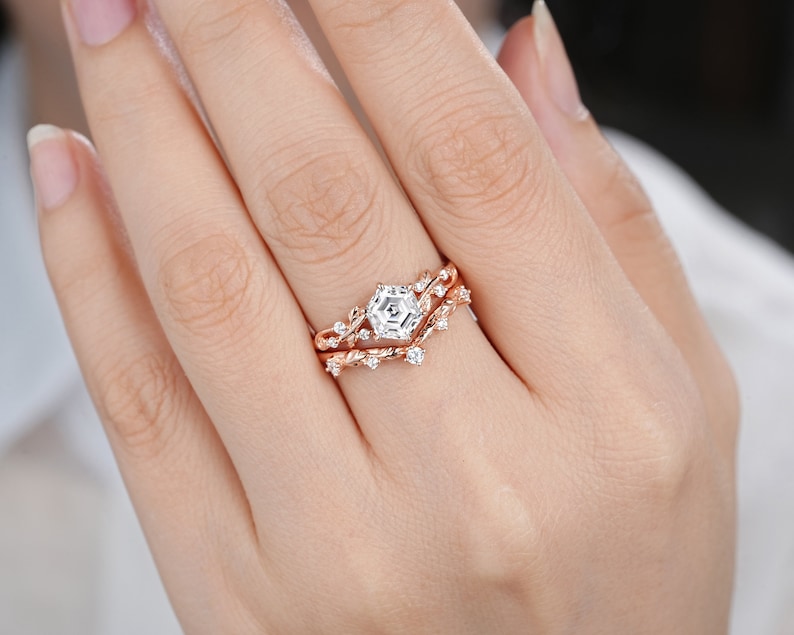 Hexagon Cut Moissanite Engagement Ring Set, Leaf Vine Nature Inspired ...