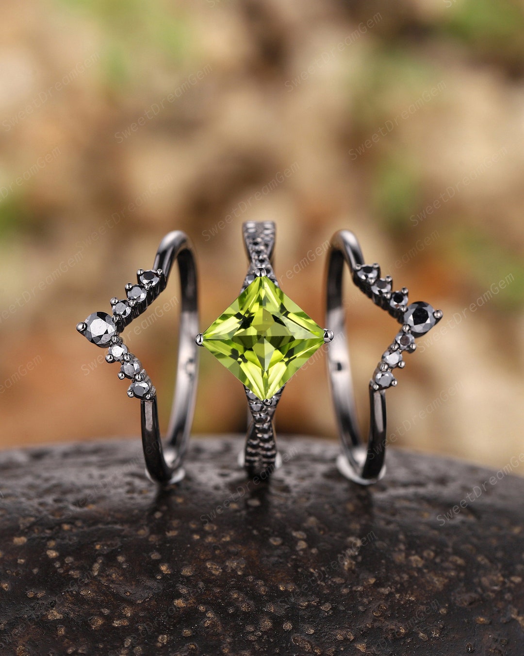 Princess Cut Peridot Engagement Ring Set Minimalist Black Moissanite ...