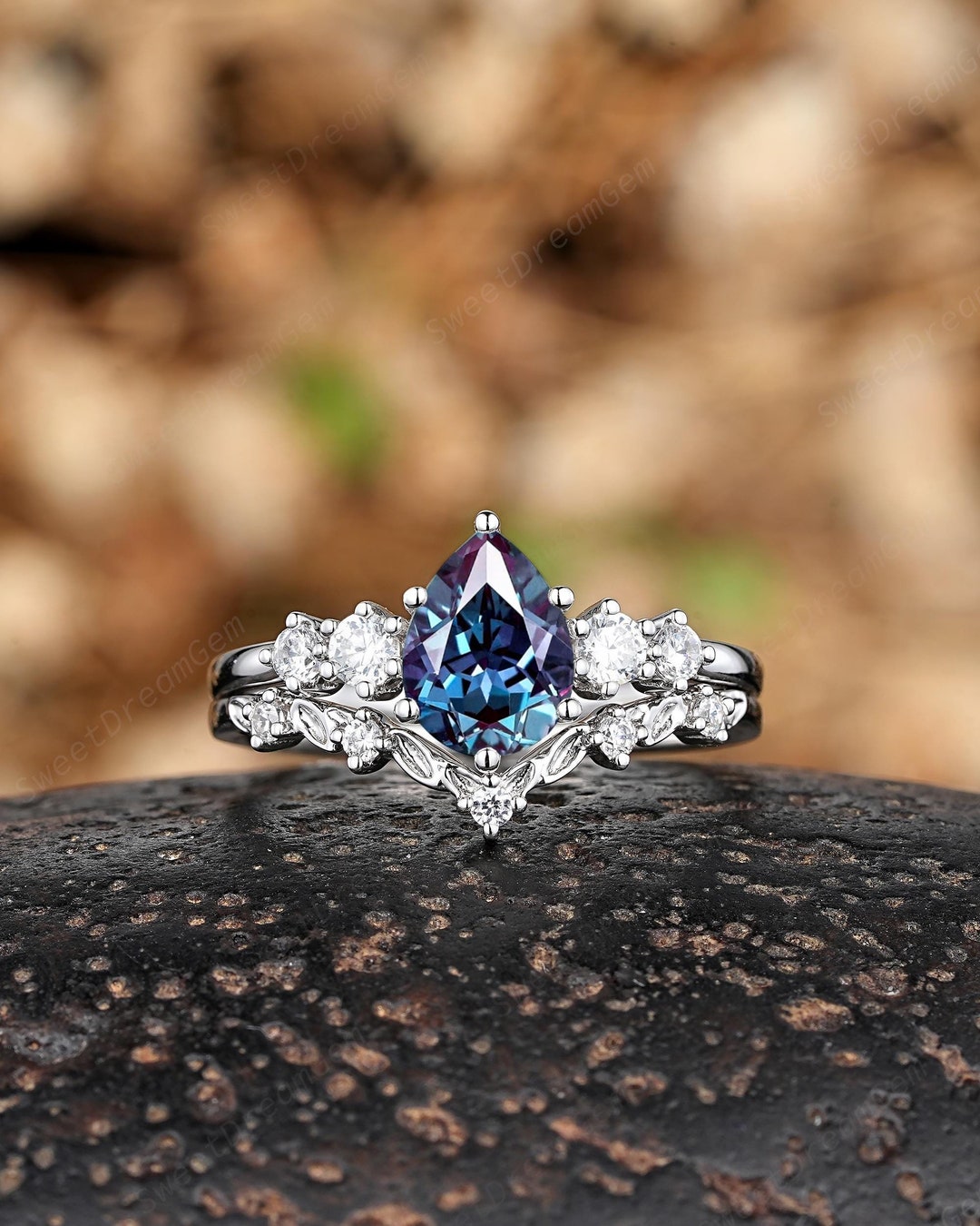 Pear Shaped Alexandrite Engagement Ring Set Vintage White Gold ...