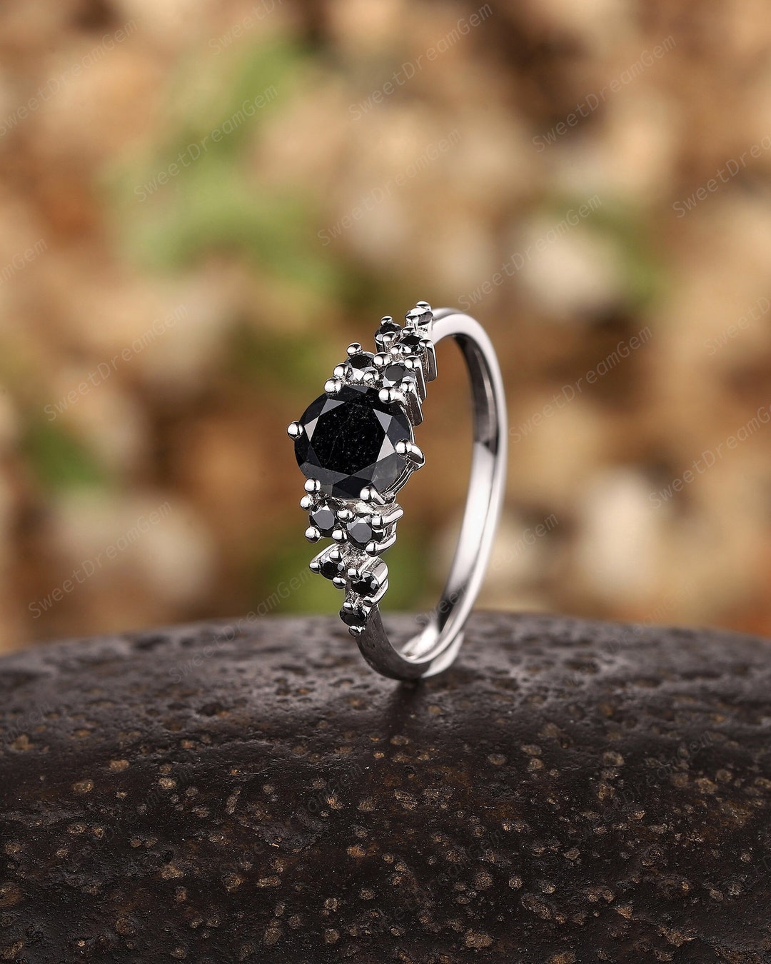1 CT Natural Black Diamond Cluster Engagement Ring, Unique Round Shape ...