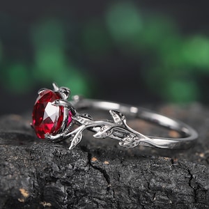 Vintage Black Gold Round Ruby Engagement Ring, Unique Rhodium Black Leaf Ruby Promise Ring ...