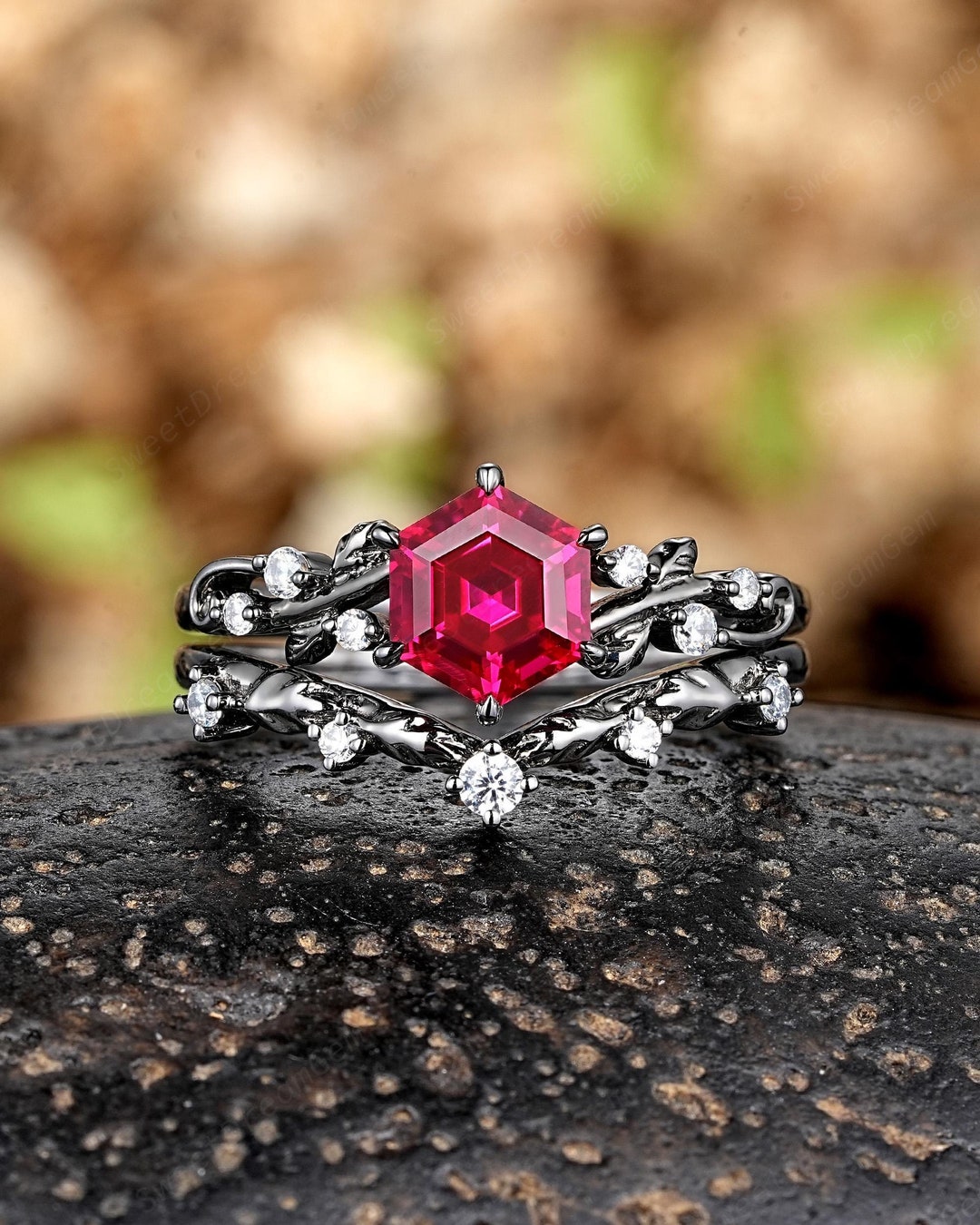 Hexagon Cut 6mm Ruby Engagement Ring Set, Gothic Black Gold Leaf Nature ...